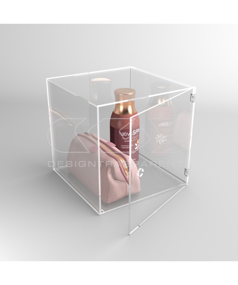 Cubo vitrina 40 cm en metacrilato transparente expositor de pared.