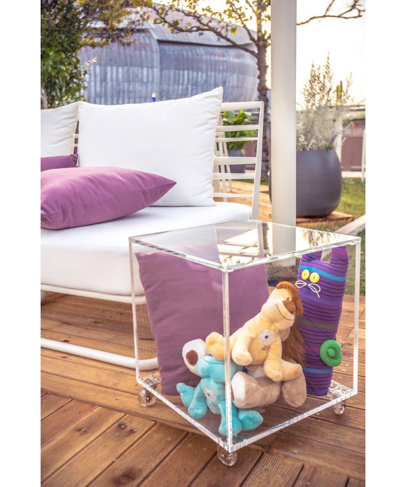 Cubo contenitore cm 30 tavolino in plexiglass trasparente con ruote.