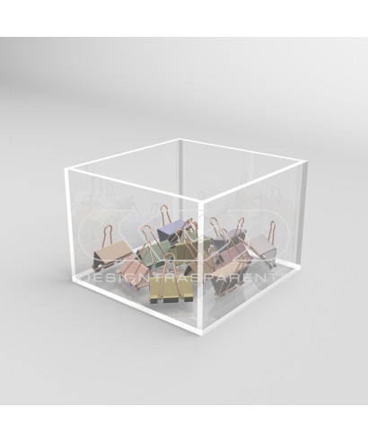 Transparent acrylic container box 15x15 cm in various heights.